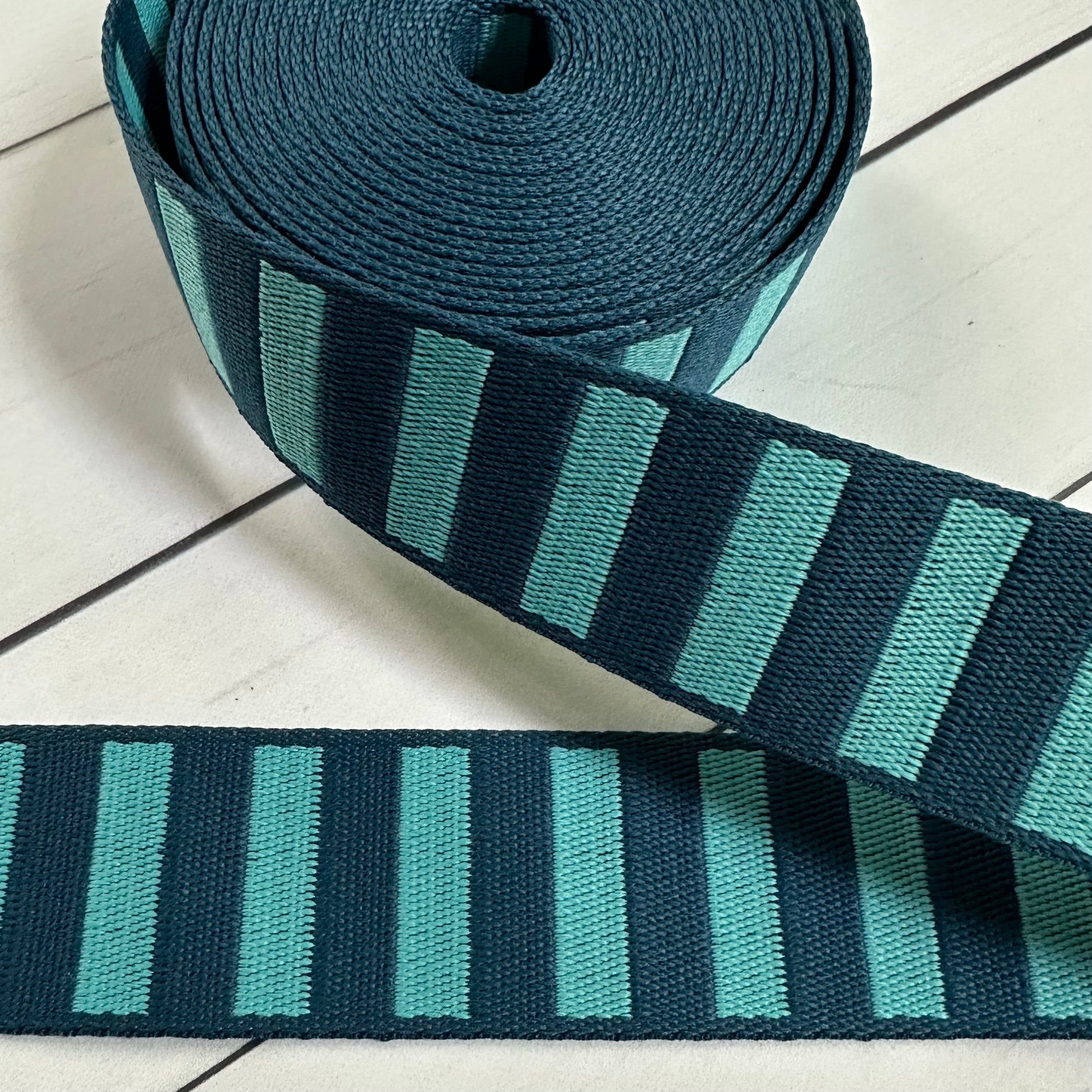 1 1/2" Wide Bold Stripe Webbing: Peacock & Turquoise